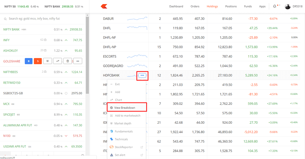 Holdings breakdown now available on Kite web - Zerodha platforms ...