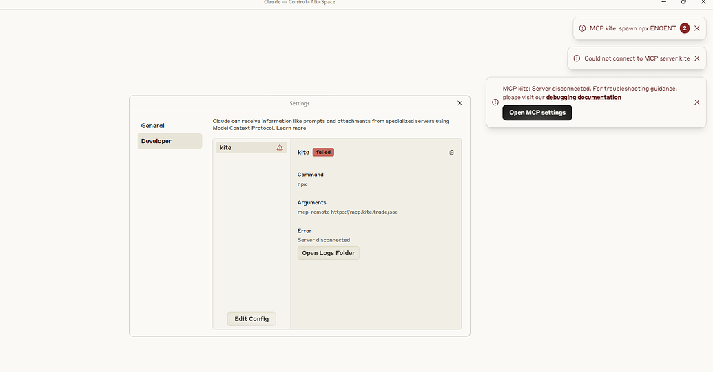 Claude MCP Server integration error - Zerodha - Trading Q&A by Zerodha ...