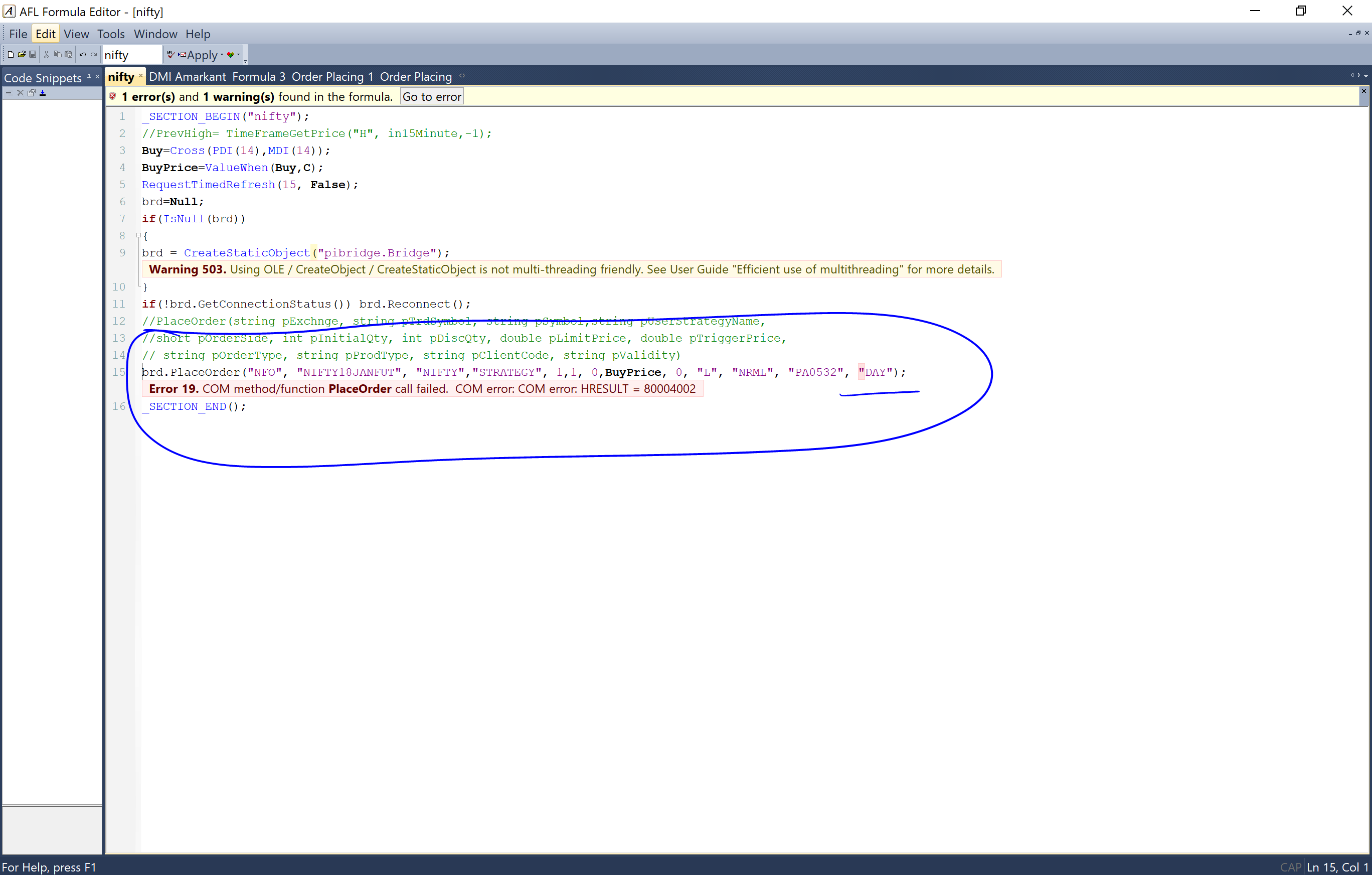 Getting An Error On Order Placement Through Amibroker To Pi Algos Strategies Code Trading
