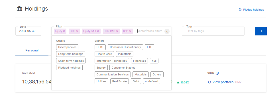 Zerodha Dashboard Chart And Mfs With Tag Filter Feature Request